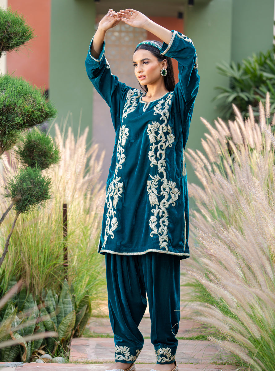 Enchanted Emerald - Velvet Phiran ,Velvet Salwar – Luxuries Of Kashmir